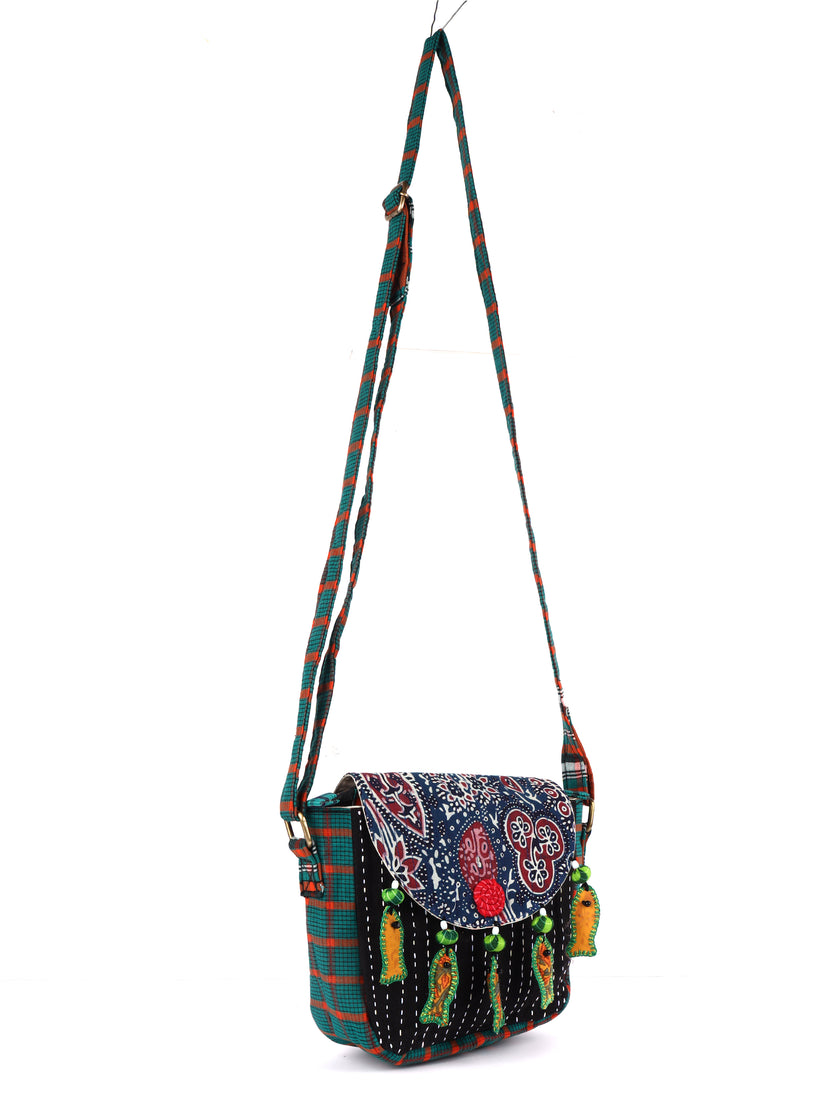 Buy Now Sling Bag Gamcha and ajrak Fashion Hand Embroided (indigo ...